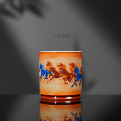 团窑青花矾红万马奔腾直口杯