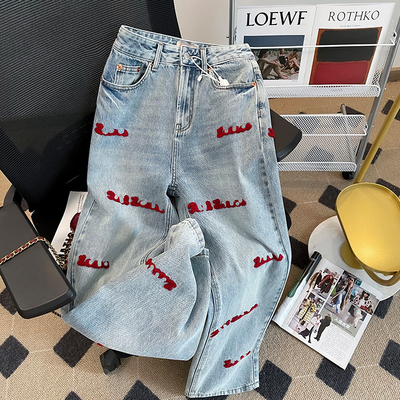 春秋季植绒刺绣牛仔裤男美式高街