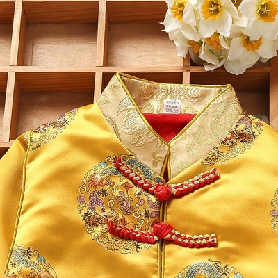 婴儿唐装黄色高端织锦缎宝宝周岁礼服2024春秋季小皇帝黄马褂男童