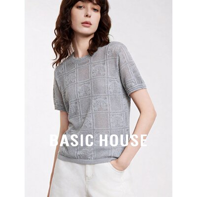 Basic House/百家好莱赛尔灰色圆领短袖针织衫女夏季上衣薄款百搭