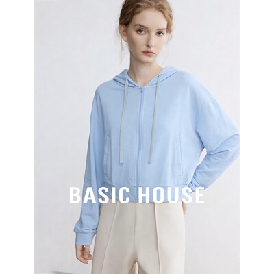Basic House/百家好纯棉韩系连帽拉链开衫衬衫女薄款宽松休闲外套