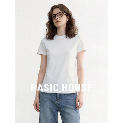 Basic House/百家好纯白基础款正肩短袖T恤女2026夏圆领舒适上衣