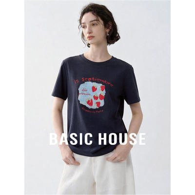 Basic House/百家好水果印花刺绣设计短袖T恤女夏季2026新款上衣