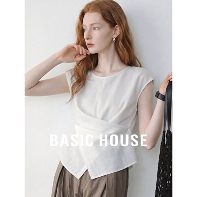 Basic House/百家好莱赛尔白衬衫女夏季交叉修饰通勤上衣显瘦气质