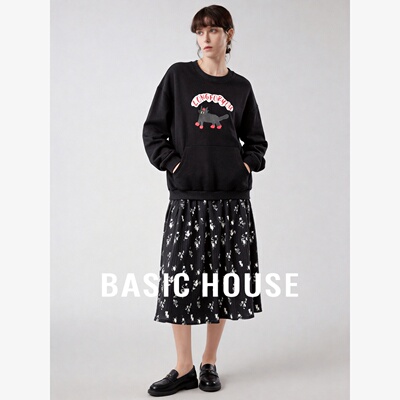 Basic House/百家好假两件卫衣连衣裙女装碎花长袖宽松显瘦中长裙