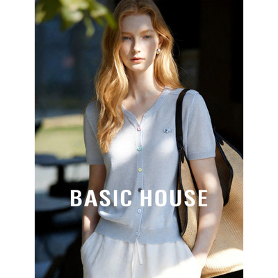 Basic House/百家好韩版V领短袖针织衫女26夏季修身显瘦上衣外套