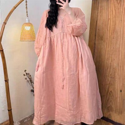 22937文艺花边V领水滴袖双层苎麻洋装纯色简约百搭减龄过膝长裙