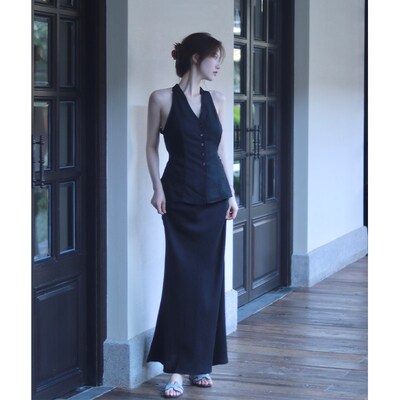 SerioLudere蛋仔很懒 削肩马甲背心上衣百搭摆臀鱼尾半裙黑色套装