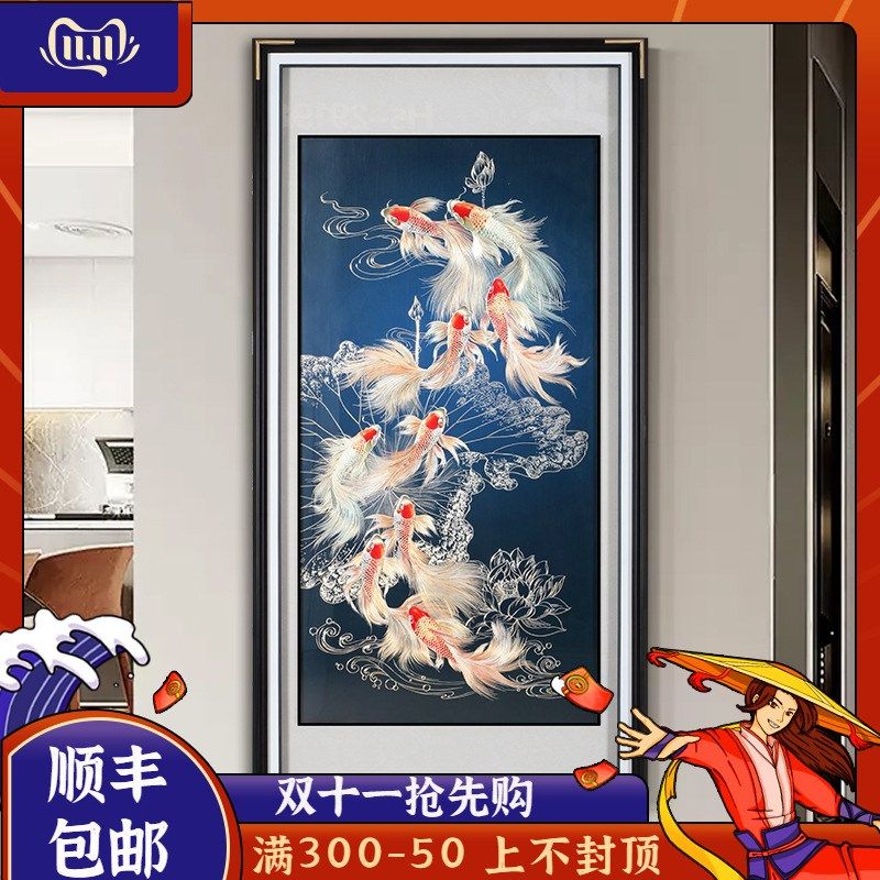 荷花九鱼聚福手工铜板装饰画高档入户玄关墙壁挂画新中式铜雕画