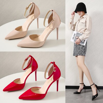 2022春秋季新款漆皮高跟鞋浅口尖头一字D扣带单鞋大码42 43 44 45
