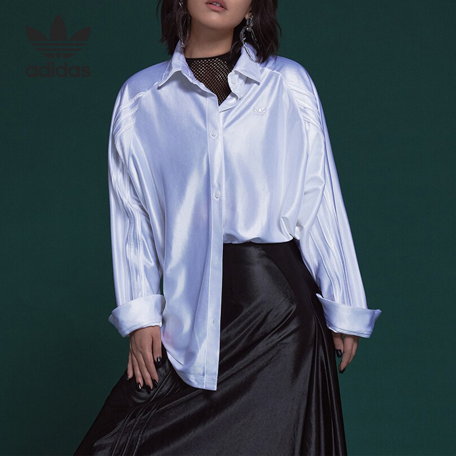 Adidas/阿迪达斯官方正品三叶草女士亮泽感缎面长袖衬衫IS4591