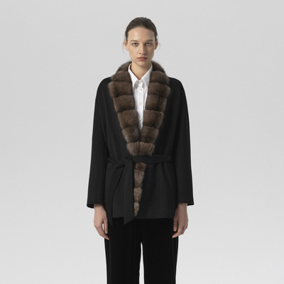 SIMONETTA RAVIZZA25秋冬 经典款紫貂毛领系带羊绒浴袍大衣外套