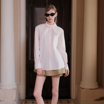 MarcMoore旗舰店2025春秋新款蝴蝶结领长袖衬衫女宽松休闲衬衣