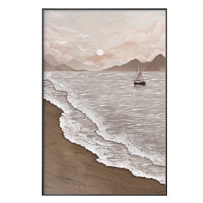 现代客厅装饰画日出砂岩沙发背景墙挂画海浪肌理感玄关壁画