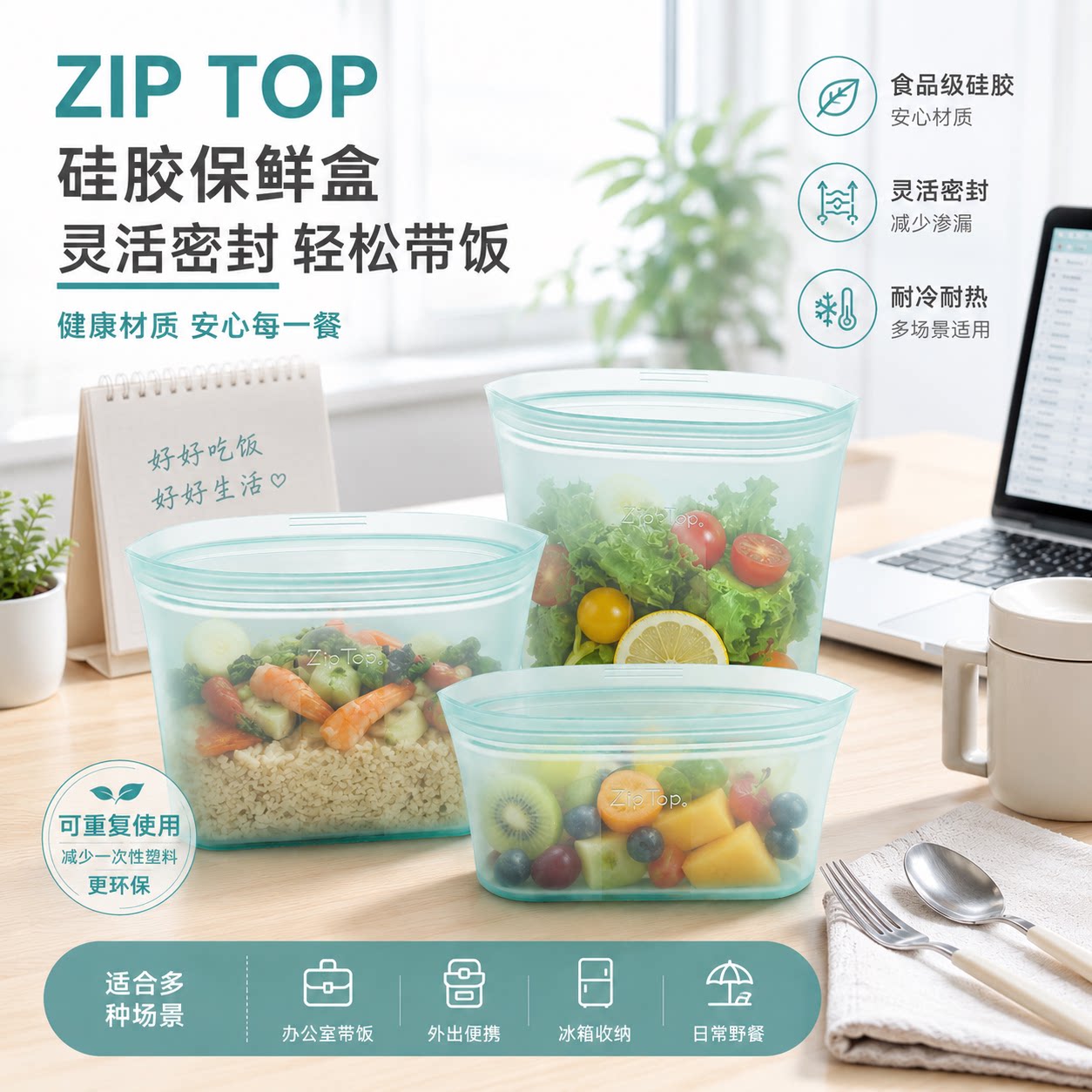 旗舰店ziptop硅胶袋耐高温食品级三明治保鲜袋可站立可微波密封袋