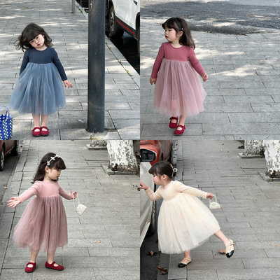 2023春秋韩版女童网纱洋装柔软舒适长袖蓬蓬纱裙宝宝公主连身裙