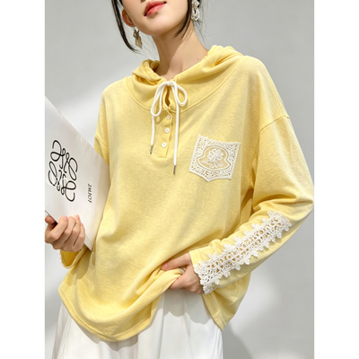 AndM高端Studio 连帽长袖打底衫卫衣蕾丝拼接上衣4012