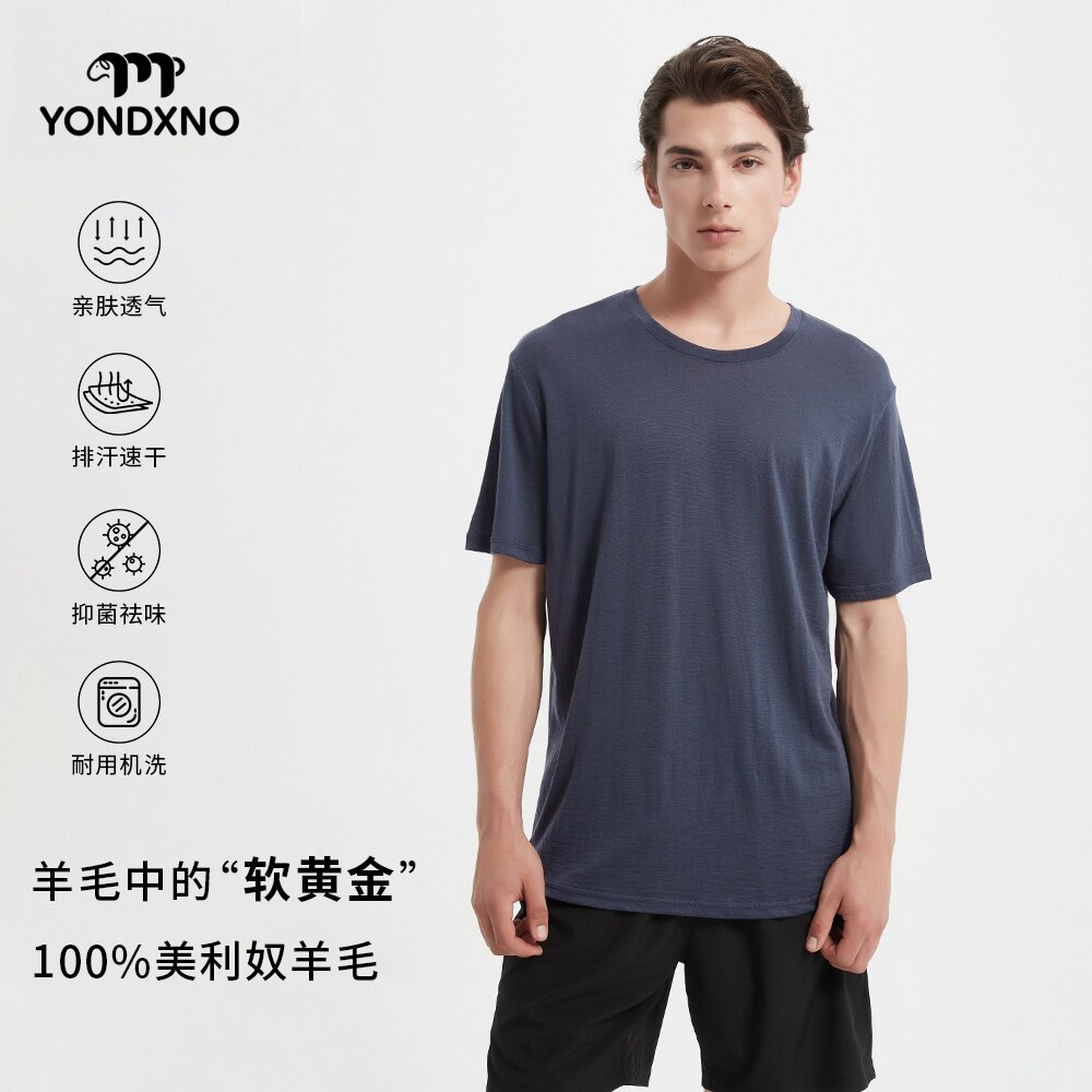羊小诺美利奴羊毛速干T恤男士合身轻薄透气运动短袖排汗上衣180X