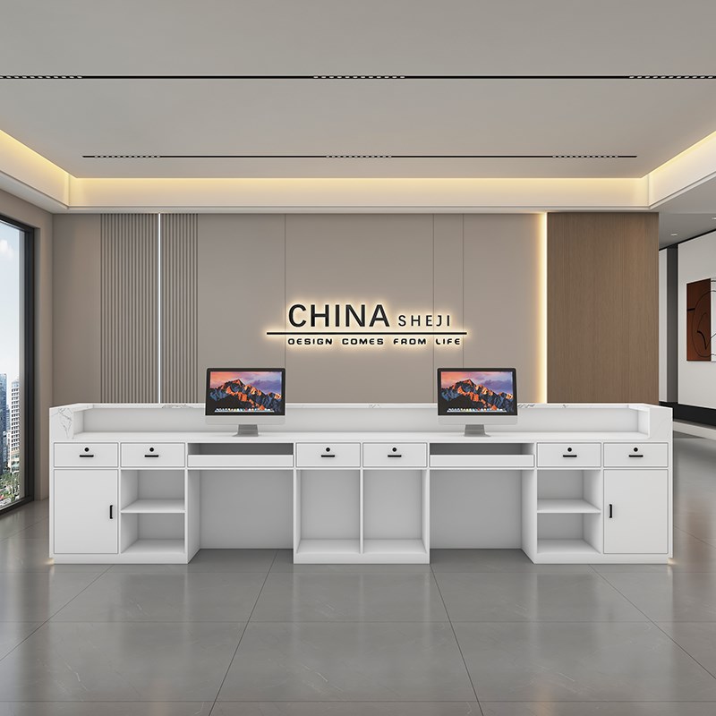 公司前台桌接待台酒店大堂烤漆吧台房地产大理石纹柜台收银台