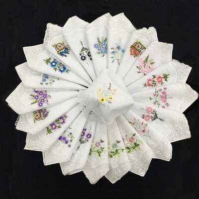 12Pcs Classic Cotton Beautiful Handkerchiefs Women Washable