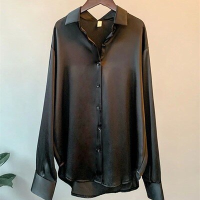 Office Lady Sheer Top Long Sleeve Shirt Overshirt Satin Shir