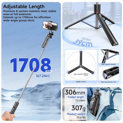 F16 Selfie  Tripod with 1708mm Long 8-Section Pole, Bluetoot