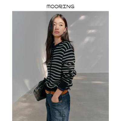 MOORING泊 26秋撞色条纹纯棉针织开衫短款小个子长袖上衣复古外套