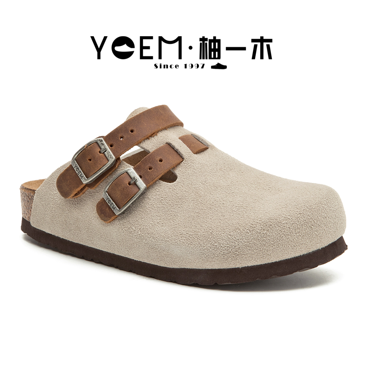 YOEM/柚一木勃肯鞋双带两穿拼色包头半拖软木鞋底真牛反绒皮P6620