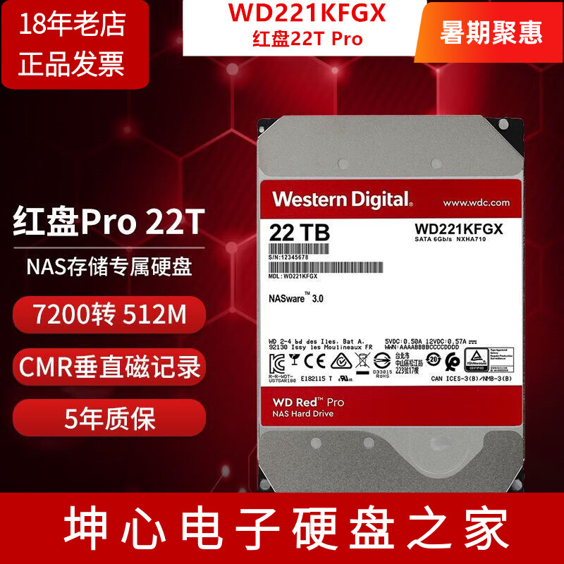 西部数据WD221KFGX 红盘Pro 22TB 22T网络储存企业硬盘NAS硬盘cmr