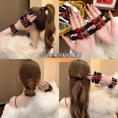 新年闪钻爱心方块红珠珠小肠发圈丸子头马尾发绳2026新款发圈lx