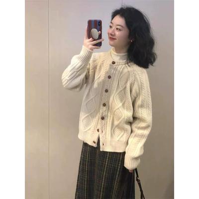 奶呼呼套！205早秋新款慵懒风奶杏色麻TLH织花针开衫女宽松2百搭