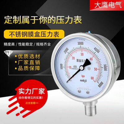不锈钢膜盒压力表YE100BF 40KPa60耐硫压力表 耐高温耐腐蚀微压表