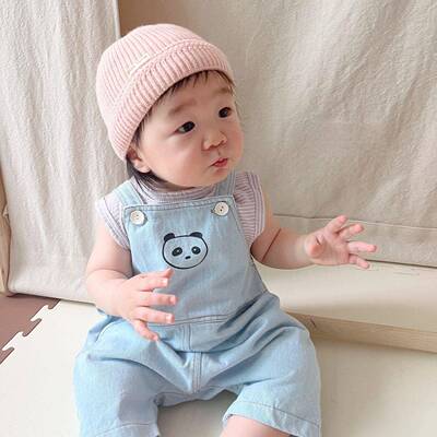 韩版in衣s男WII女婴童宝宝卡通宽松背带裤连体袖+圆纹领条无T恤背