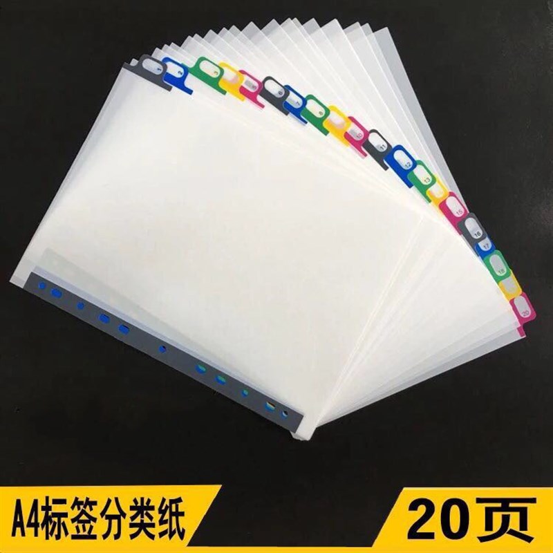 分页纸彩色塑料20页标签索引页活页夹隔页纸A4文件管理分隔页便签