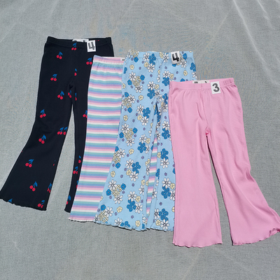 3件包邮2-10码澳单cott*n春秋女童螺纹棉高弹喇叭裤长裤花朵樱桃