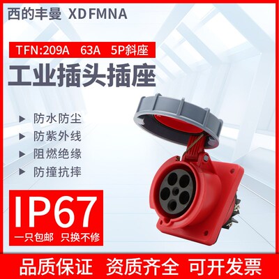 XDFMNA防水工业斜插座TFN-209A三相5孔3P+E+N/3芯63A380V航空插座