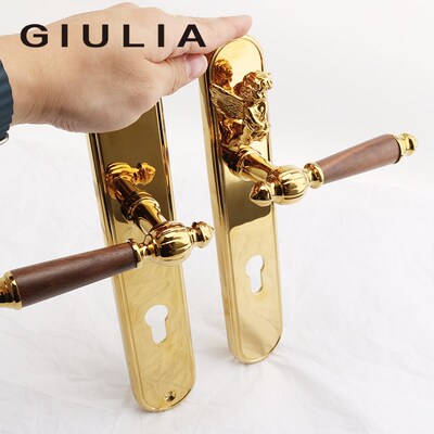 GIULIA黄铜金色天使门锁复古法式胡桃木门把手静音磁吸双开门锁