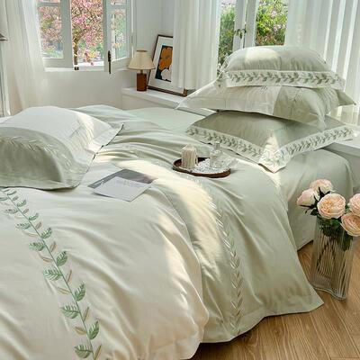 PUD秋冬0田园清新10支磨毛全棉四件被套植物刺绣加厚套拼床上用接