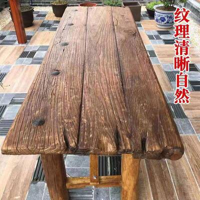 老榆木风化门桌复古民餐PFQ厅板中式餐老桌组合风化门板宿原木茶