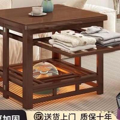 实木套烤火家用HBB炕全一整套正方形烤火架竹桌烤火炉取暖桌可折