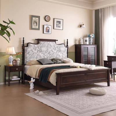 美式实.木床胡卧桃木JHK:8823色18米双人床现代简约法式中古风室