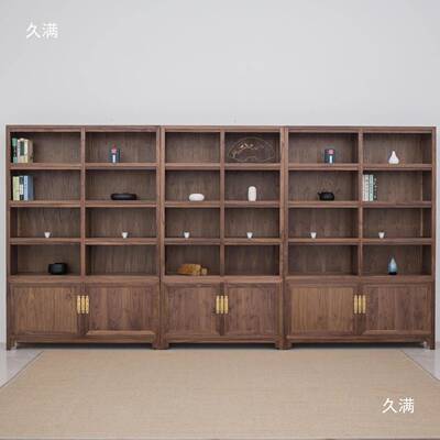 书柜一胡体靠墙全实体木整面墙整墙满墙榆式木中黑RFG桃木整墙