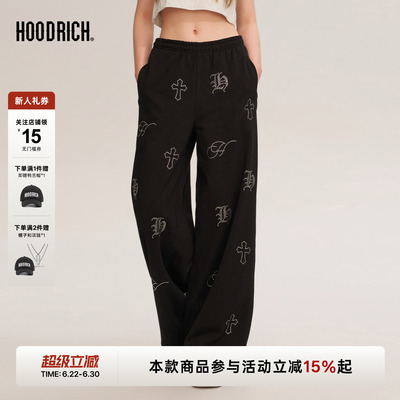HOODRICH十字架哥特字母烫钻直筒卫裤潮流宽松情侣休闲运动裤女款