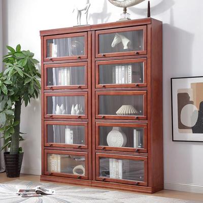 整UUG美式全木书柜落地带玻璃实门一体厅墙书架客防尘置物柜展示