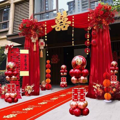 2布0自2无品牌/新款结婚布置单元门农村庭院子红5绸布建房门口婚