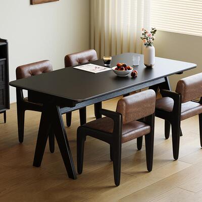 复古风木岩板餐户桌椅025新实款小型家用长方73400形法式黑色2客