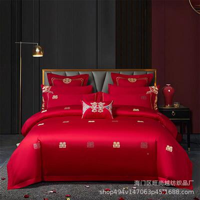 新婚庆四件套双GUX全棉棉床上用品床单被套人结婚送礼红纯色款4件