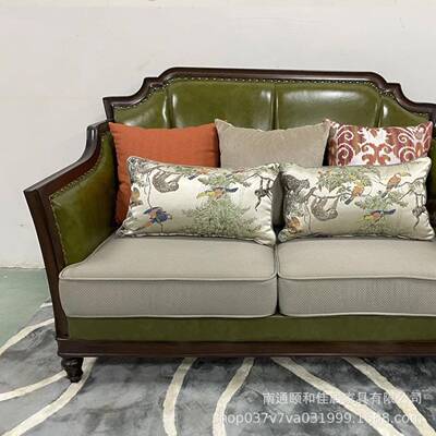 美式村复hy-10151古PU皮软沙发乡风田园别墅客厅实木简美绿皮沙发