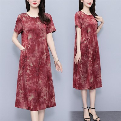妈妈夏装新款真丝连衣裙高端大气上档次红色中老年女装夏季气质裙