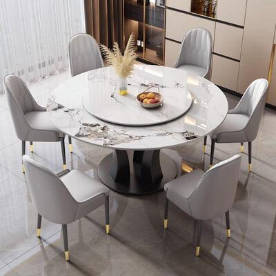 轻奢板桌椅组合现代简约MLW吃餐饭桌子家用带盘圆岩桌转小户型防